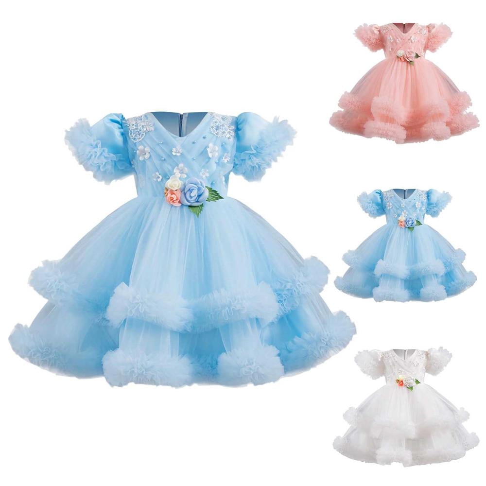 Bxsruta Little Girls Puff Sleeve Back Zipper Princess Dress Soft ...