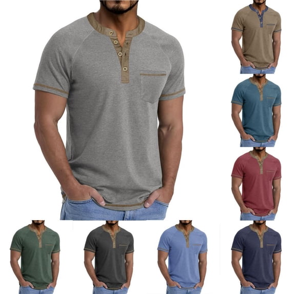 Bxsruta Men'S Casual Button-Up Short Sleeve Shirt with Solid Patchwork ...