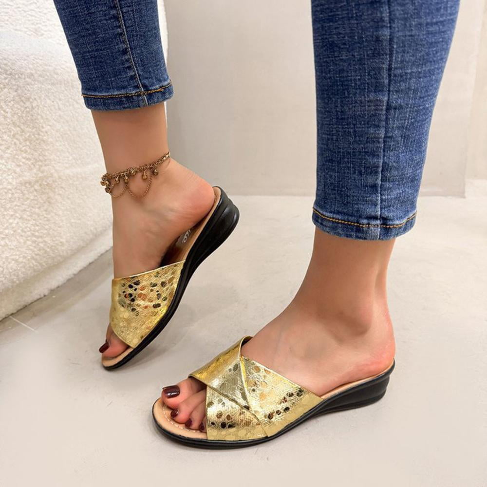 Bxsruta Metallic Finish Slide Sandals, Women's Low-Wedge Casual ...