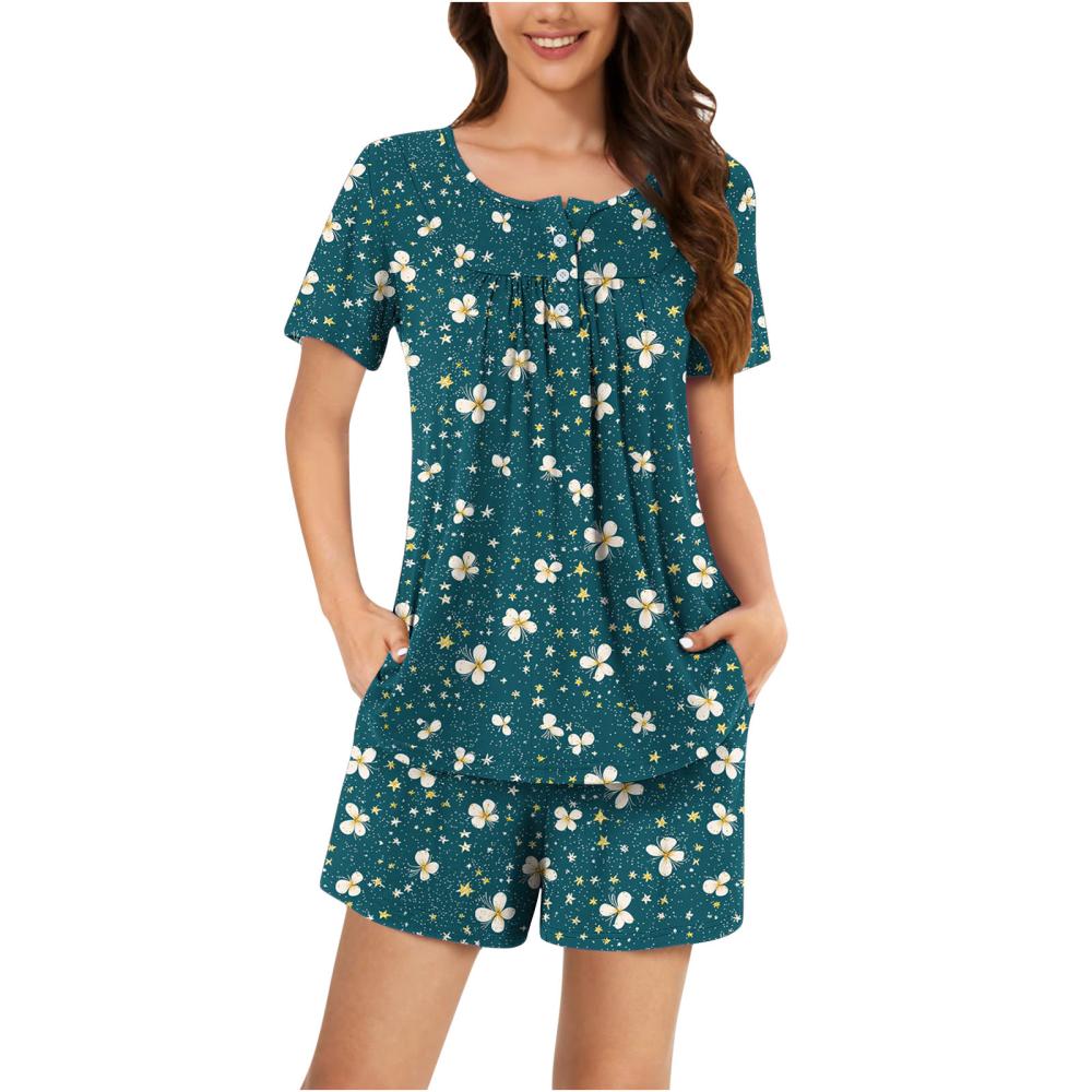 Bxsruta Pajamas Set for Women, Women's Printed Round Neck Short Sleeve ...