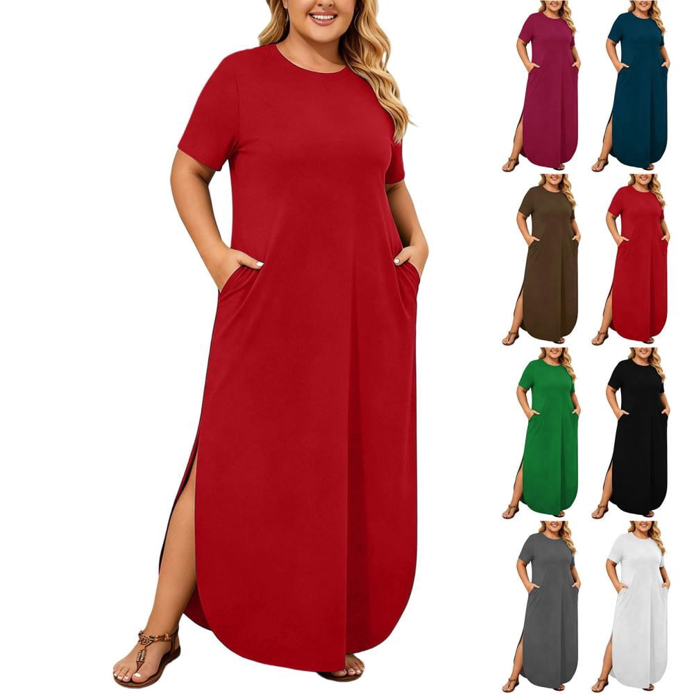 Bxsruta Plus Size Women Short Sleeve Maxi Dress with Pockets and Side ...