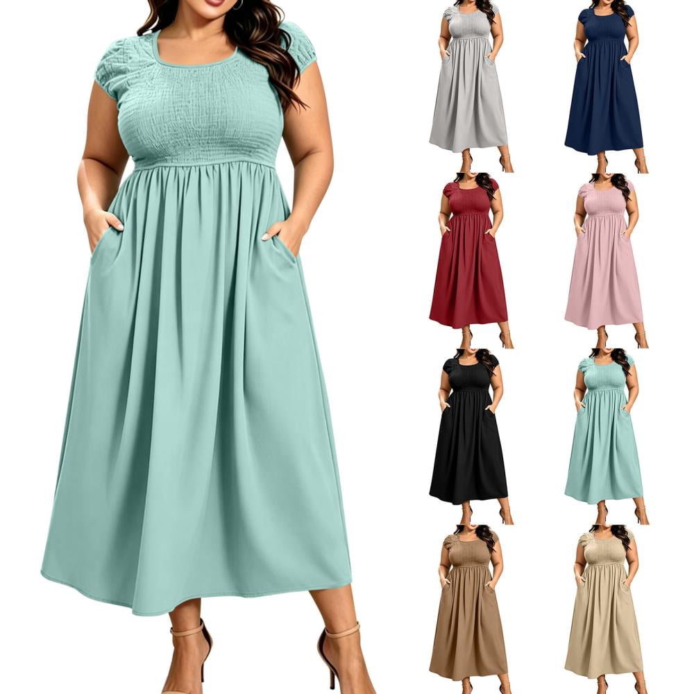 Bxsruta Plus Size Women's Casual Midi Dress with Pockets Square Neck ...