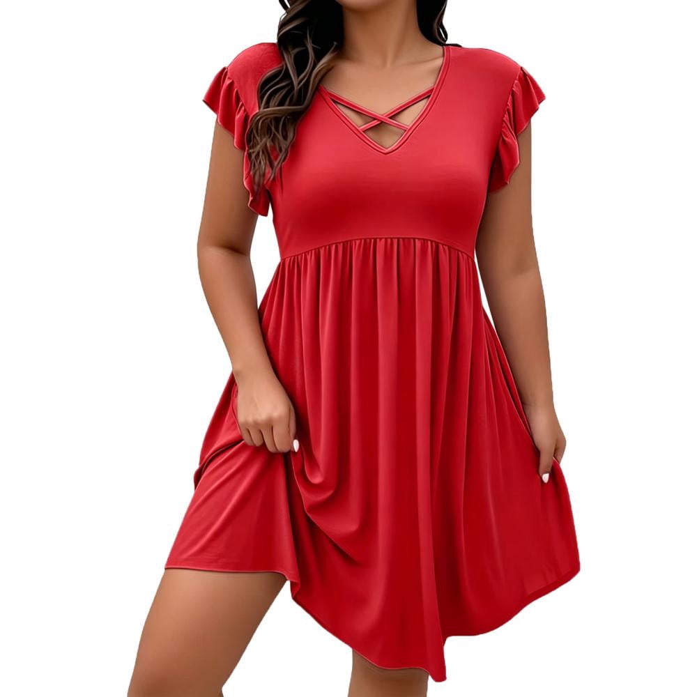 Bxsruta Plus Size Women's Crisscross V Neck Ruffle Short Sleeve A Line ...