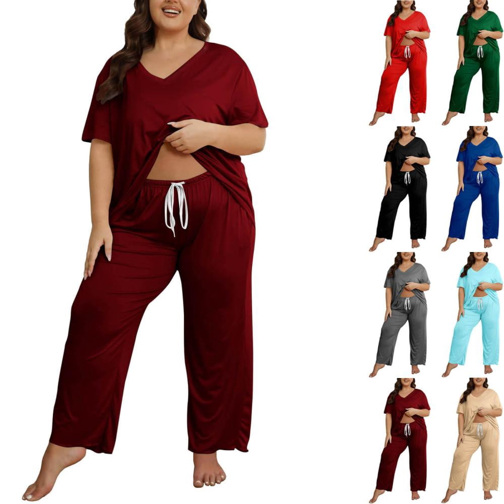 Bxsruta Plus Size Women's Pajama Set V Neck Short Sleeve Top and Wide ...