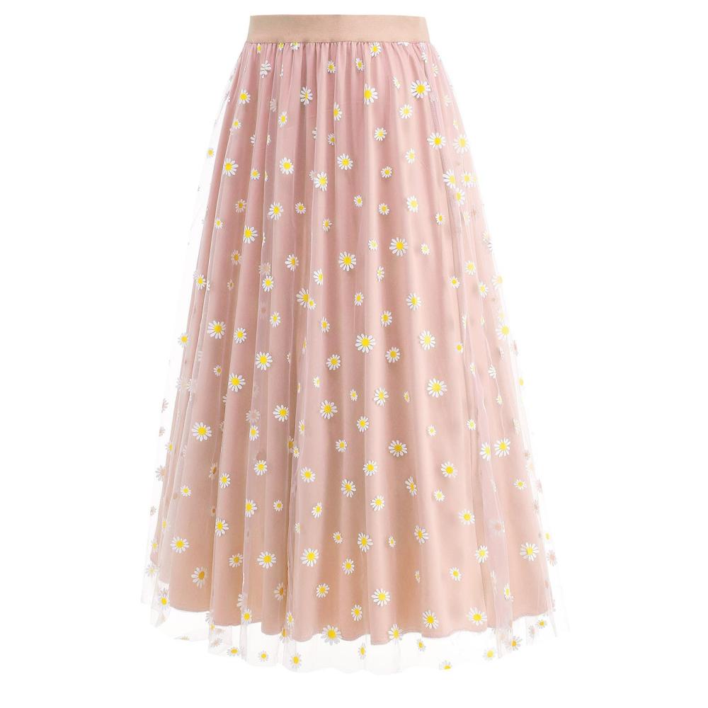 Bxsruta Skirts for Women, Floral Embroidery Mesh Midi Skirt, High Waist ...