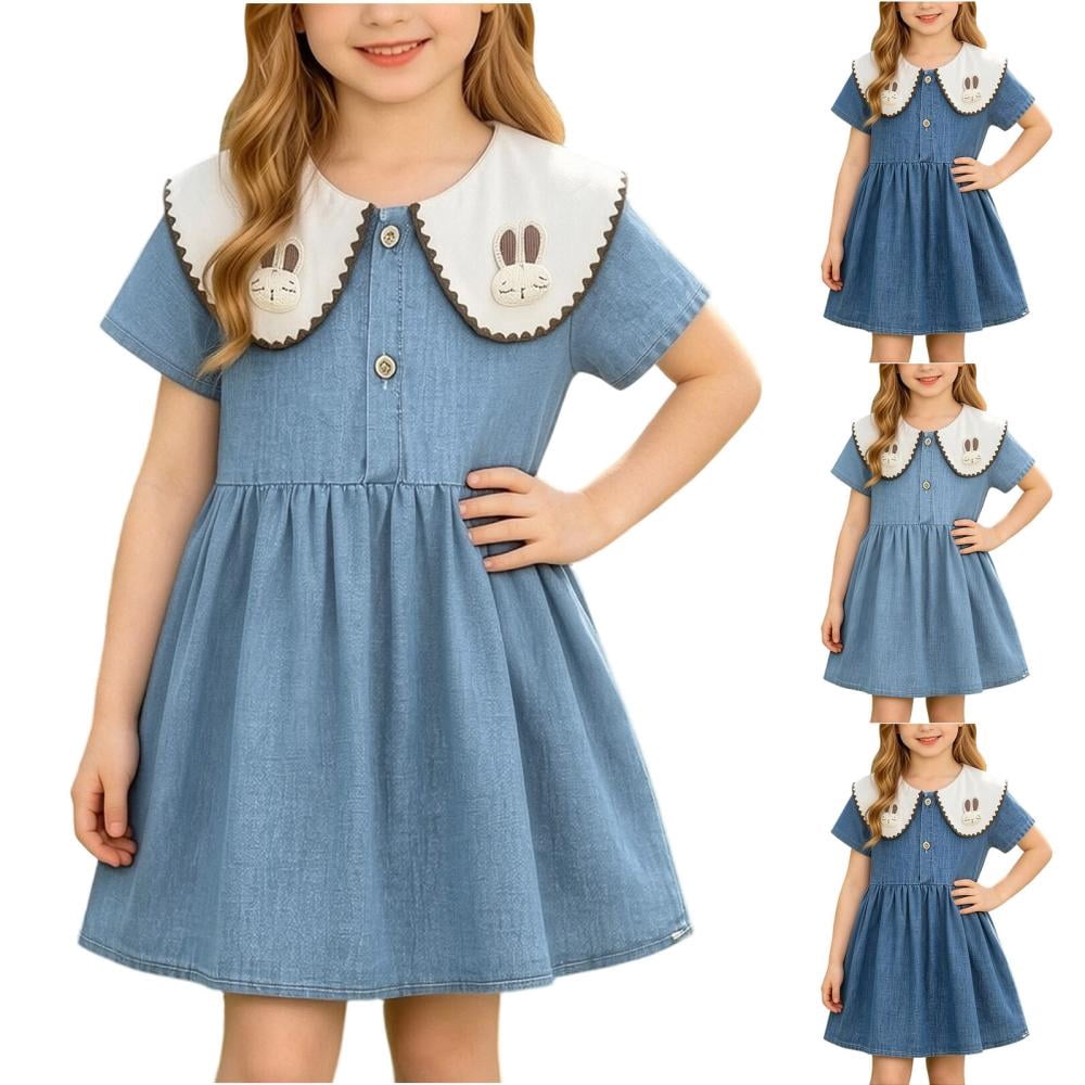 Bxsruta Toddler Girls Cute Rabbit Applique Collar Short Sleeve Denim ...