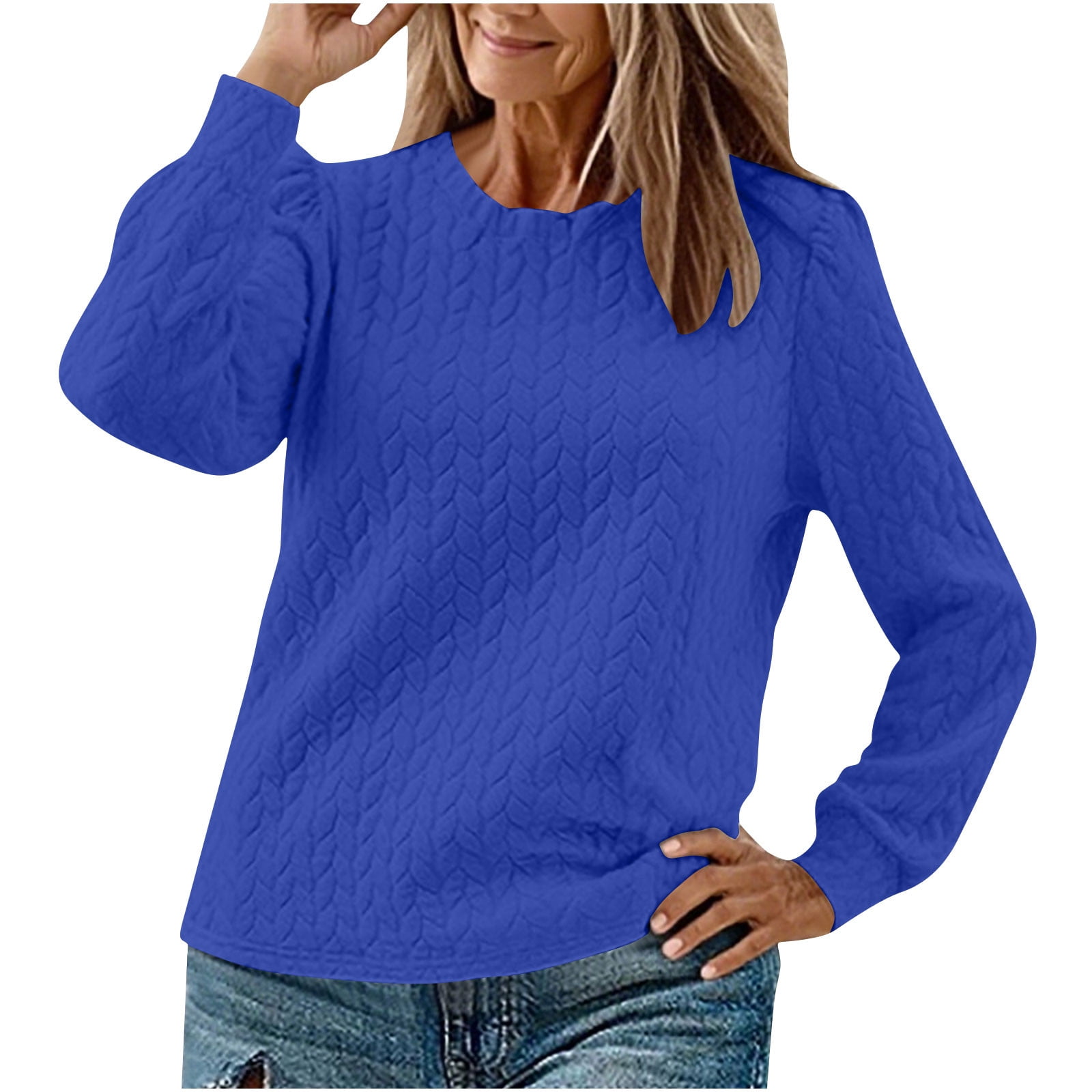 Bxsruta Top for Women, Casual Solid Color Blouse Twisted Texture Round Neck Long Sleeved ...