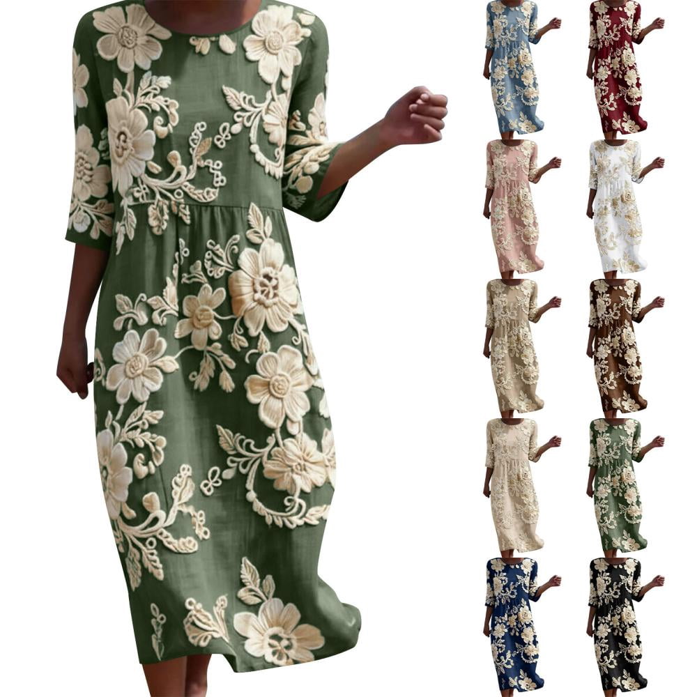 Bxsruta Women Floral Print Midi Dress Crew Neck 3 4 Sleeve Casual Loose ...