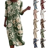 Bxsruta Women Floral Print Midi Dress Crew Neck 3 4 Sleeve Casual Loose ...