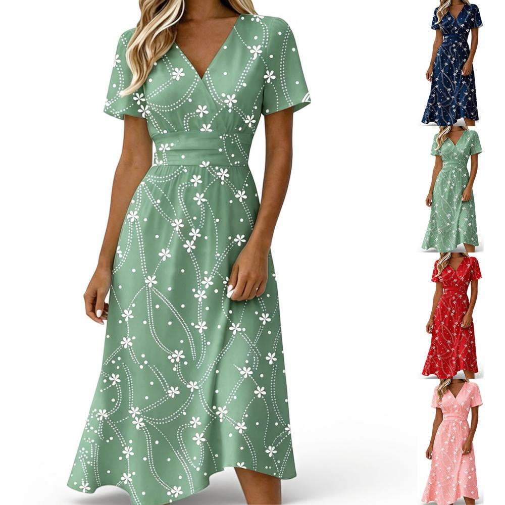 Bxsruta Women Floral Print Wrap V Neck Midi Dress Short Sleeve A Line ...