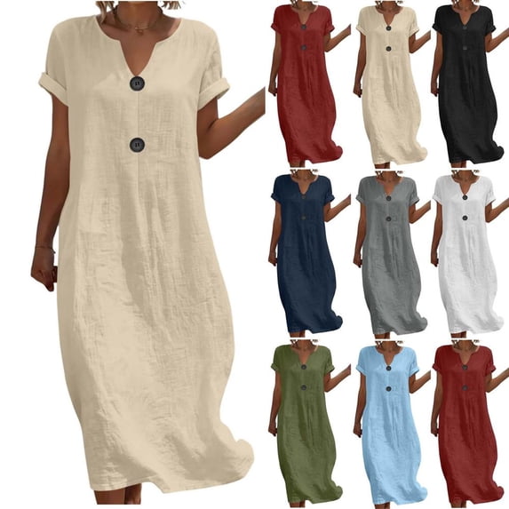 Bxsruta Women'S Casual V Neck Button Detail Long Maxi Dress Polyester ...