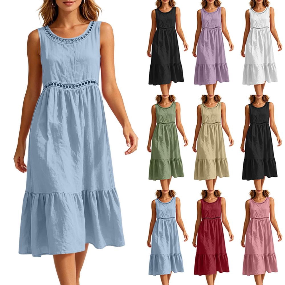 Bxsruta Women Sleeveless A-Line Midi Dress Casual Crew Neck Ruffle Hem ...