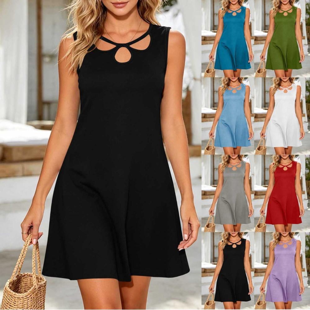 Bxsruta Women Sleeveless Cutout Neck A Line Mini Dress Casual Swing ...