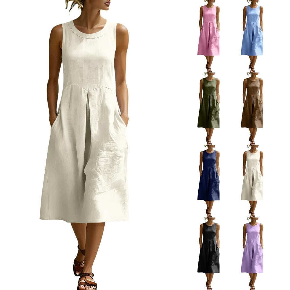 Bxsruta Women Sleeveless Midi Dress Casual Crew Neck Loose Fit Tank ...