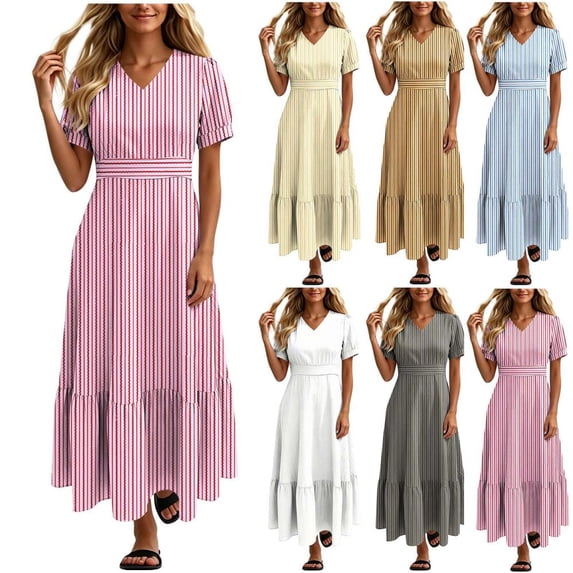 Bxsruta Women Striped V Neck A Line Maxi Dress Casual Short Sleeve ...