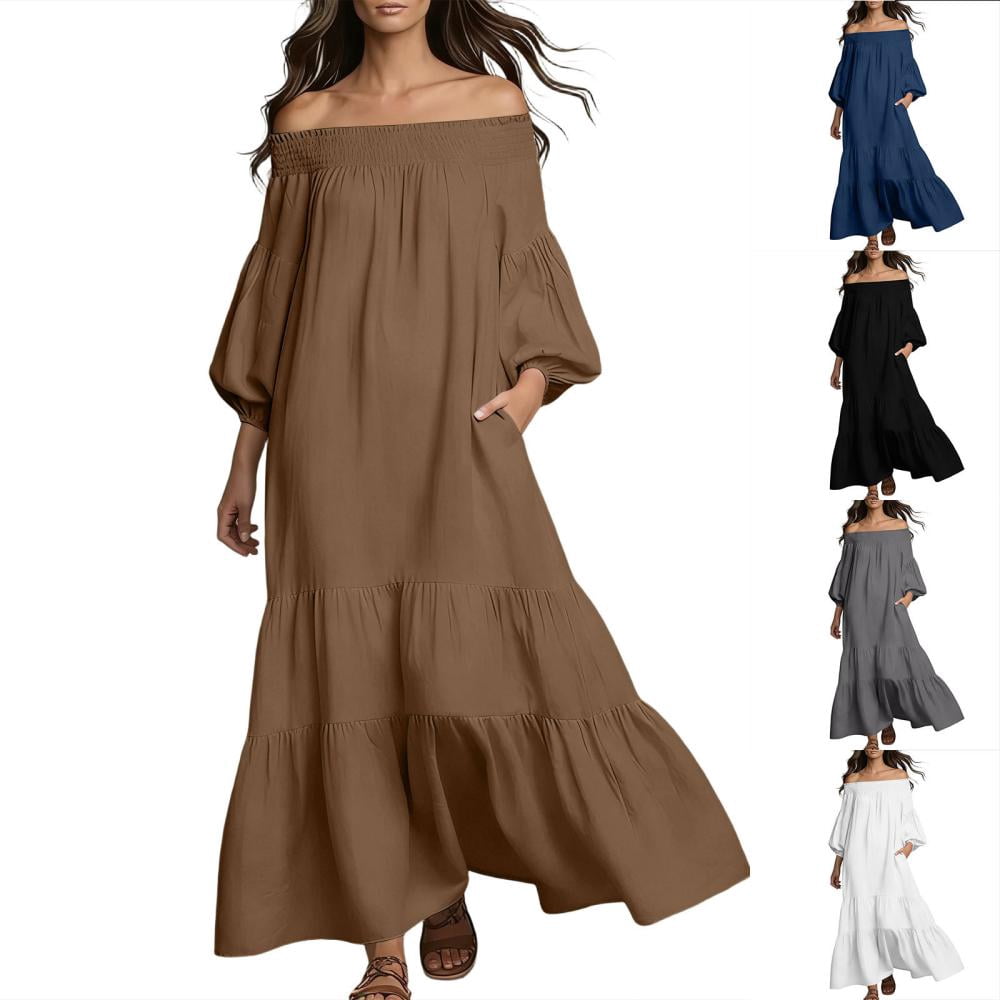 Bxsruta Women's Boat Neck Three Quarters Sleeve Tiered Maxi Dress ...