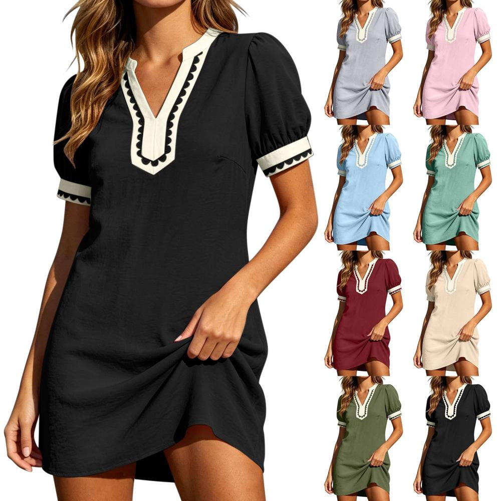 Bxsruta Women’s Boho Mini Dress with Embroidered V Neck Puff Short ...