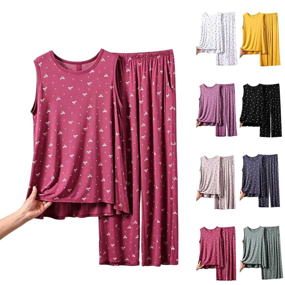 Bxsruta Women's Bow Print Sleeveless Pajama Set with Wide Leg Pants for ...