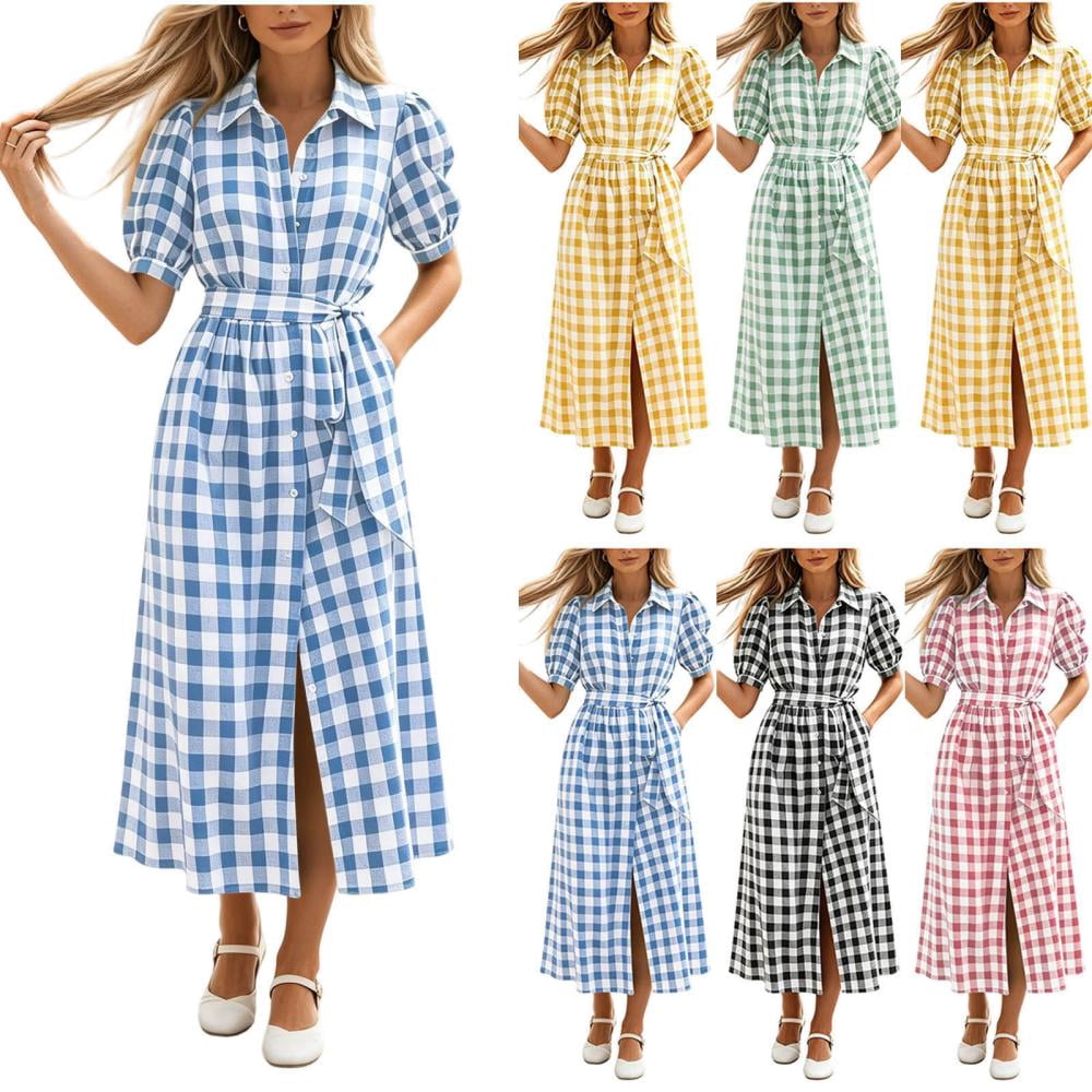 Bxsruta Women's Button Down Shirt Dress with Belt Puff Sleeve Midi ...