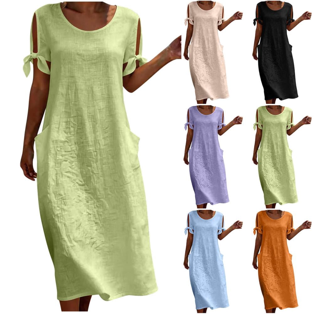 Bxsruta Women's Casual Cold Shoulder Crew Neck Short Sleeve Midi Linen ...