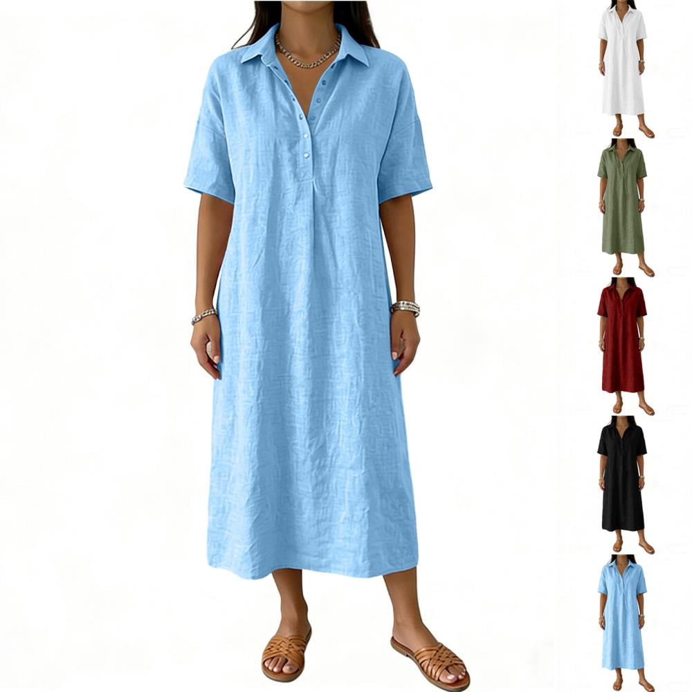 Bxsruta Women's Casual Short Sleeve Midi Shirt Dress Button Front ...