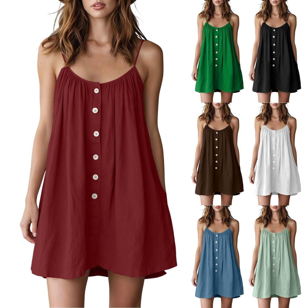 Bxsruta Women's Casual Sleeveless Crew Neck Mini Dress Smock Loose Fit ...