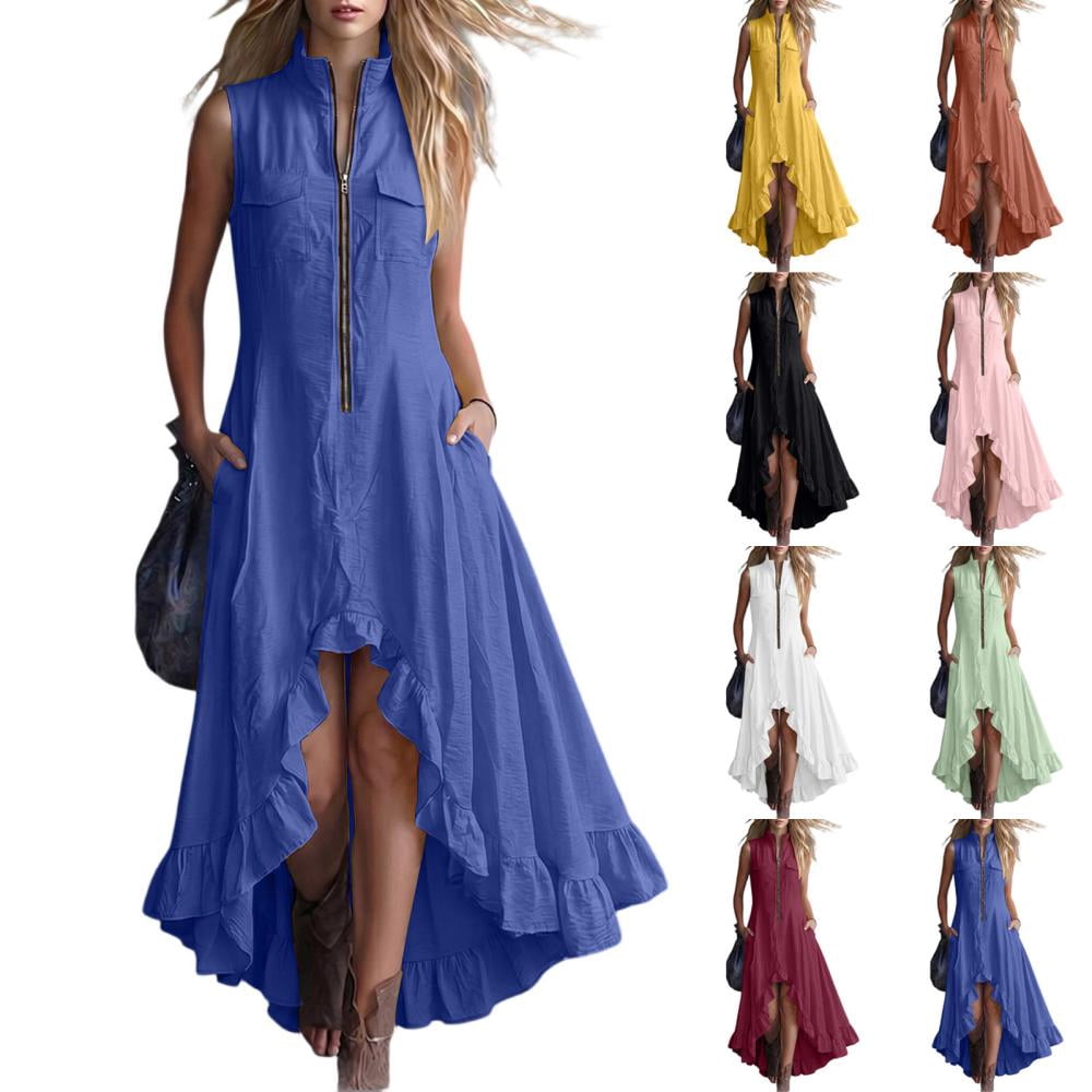 Bxsruta Women's Casual Sleeveless Mock Neck Dress with Zipper Front ...
