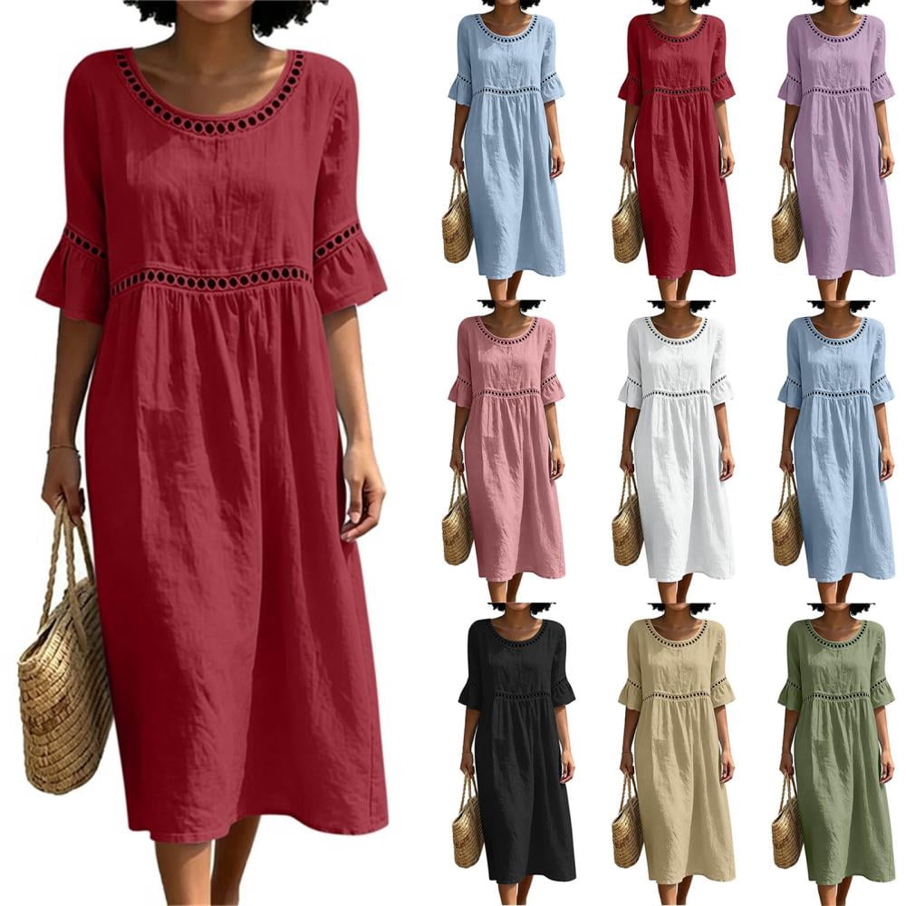 Bxsruta Women’s Casual Smock Midi Dress with Eyelet Embroidery Flutter ...