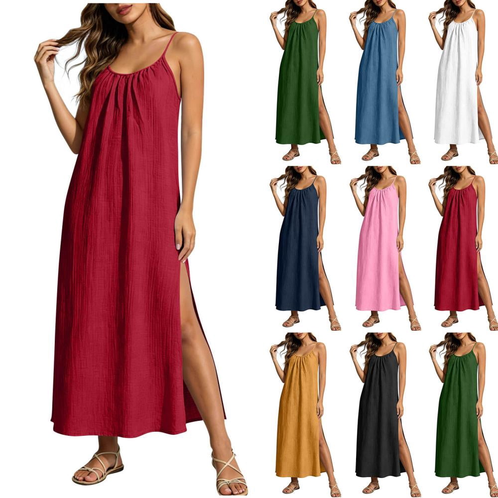 Bxsruta Women's Casual Spaghetti Strap Maxi Dress Loose Side Split ...