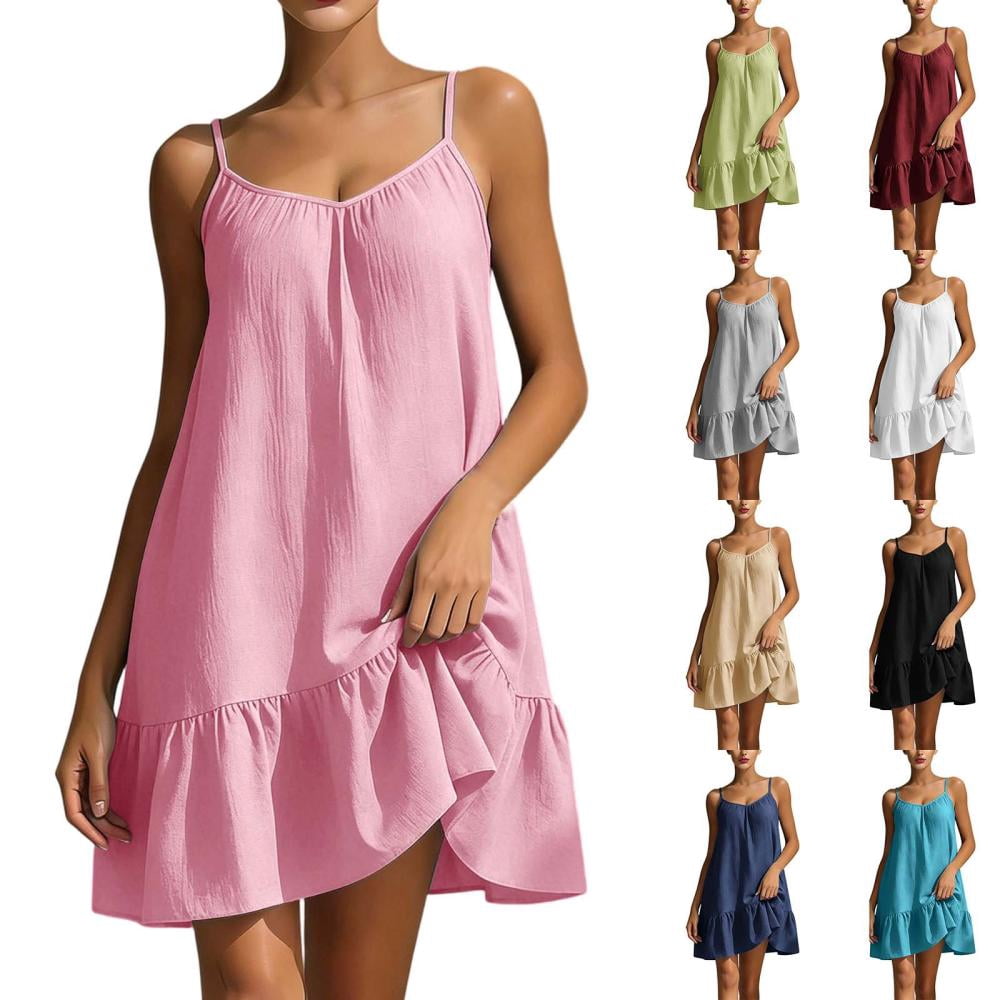 Bxsruta Women's Casual Spaghetti Strap Ruffle Hem Swing Mini Dress ...