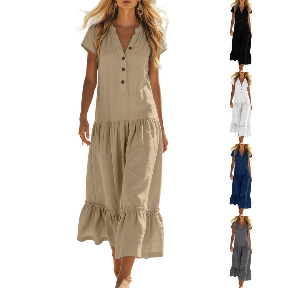 Bxsruta Women's Casual Tiered Maxi Dress V Neck Short Sleeve Loose Fit ...