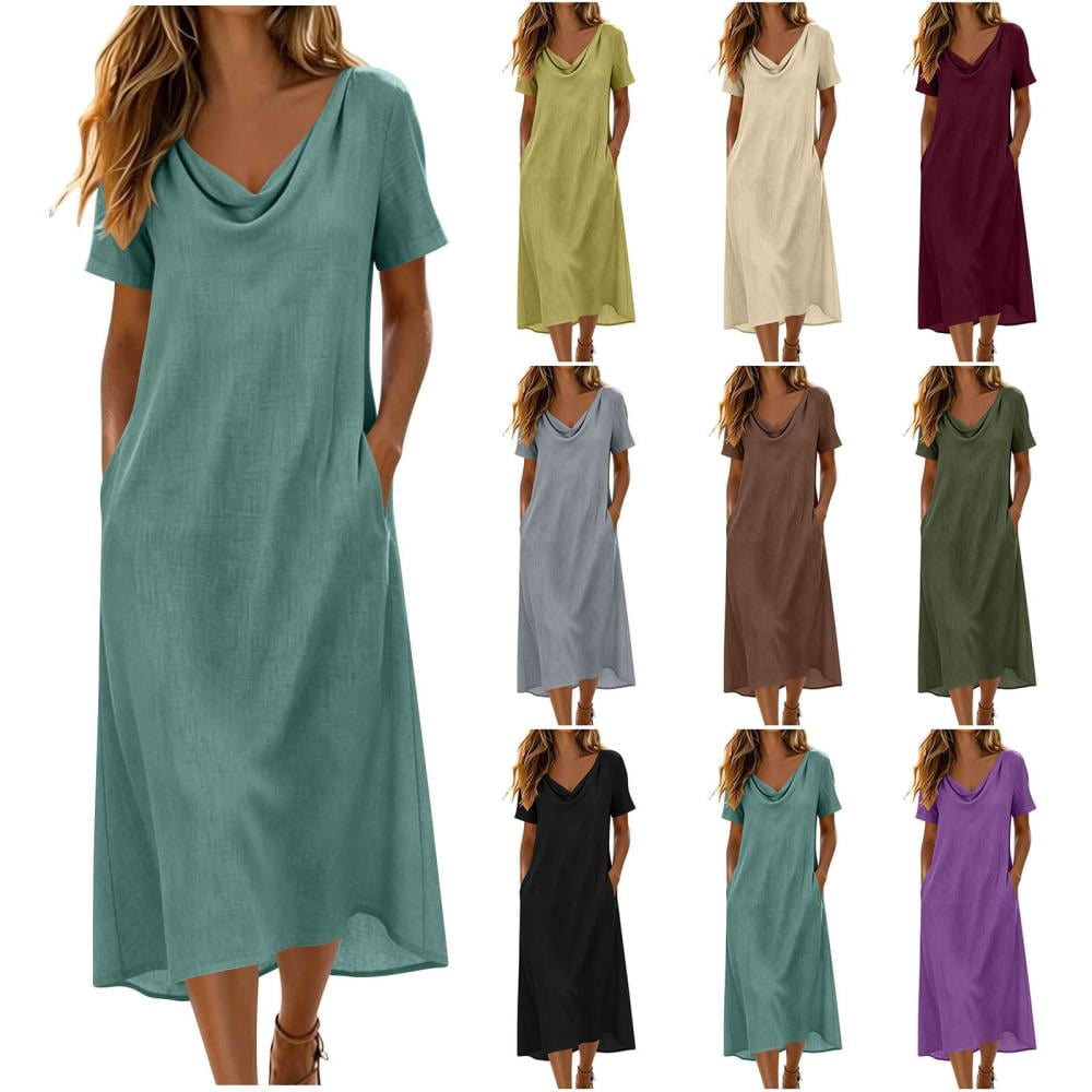 Bxsruta Women's Casual V-Neck Short Sleeve Midi Dress with Pockets ...