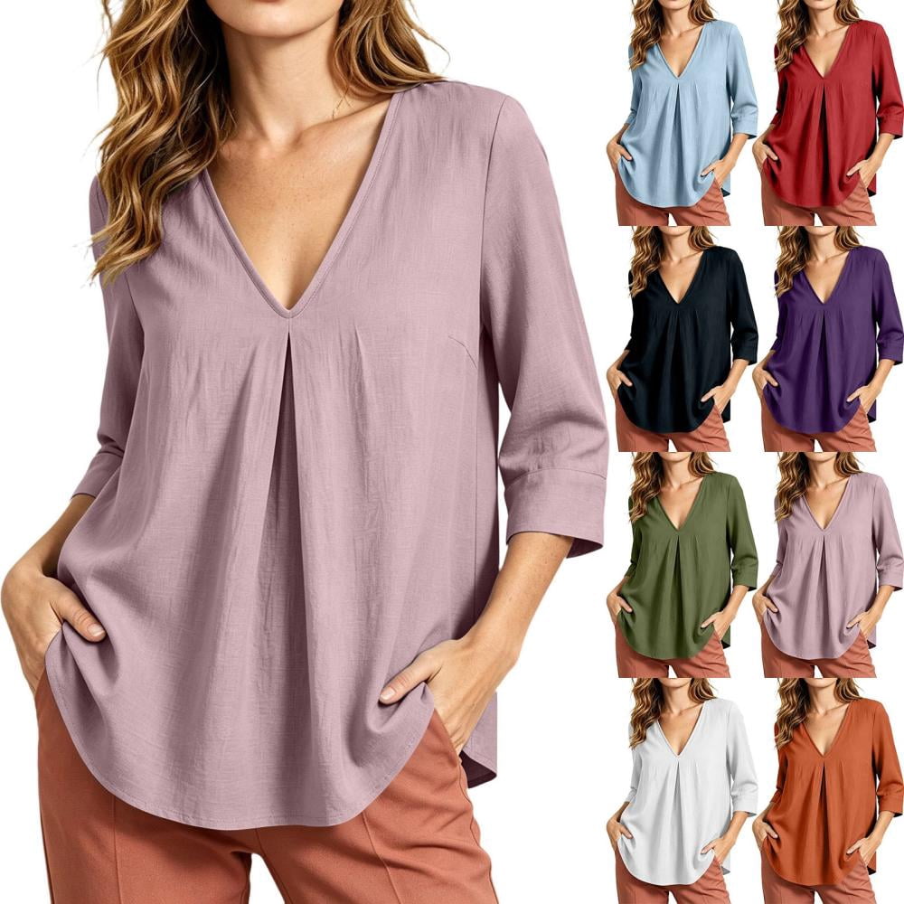 Bxsruta Women's Cotton V-Neck 3/4 Sleeve Tunic Top for Casual Work and ...