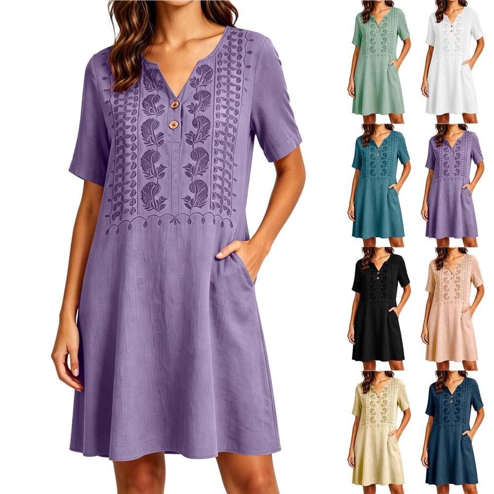 Bxsruta Women's Embroidered Short Sleeve V Neck Smock Dress Casual A ...