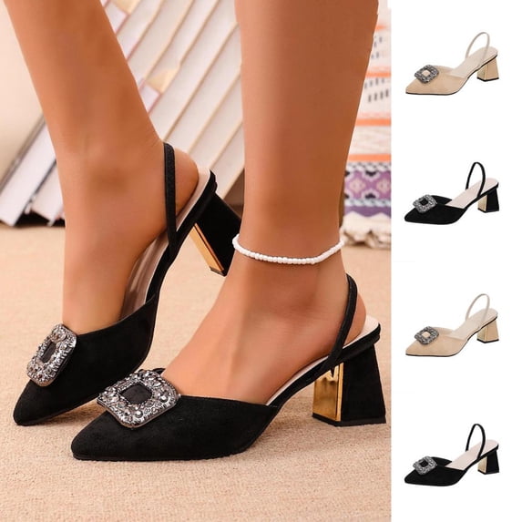 Bxsruta Women's Flock Slingback Block Heels with Rhinestone Square ...
