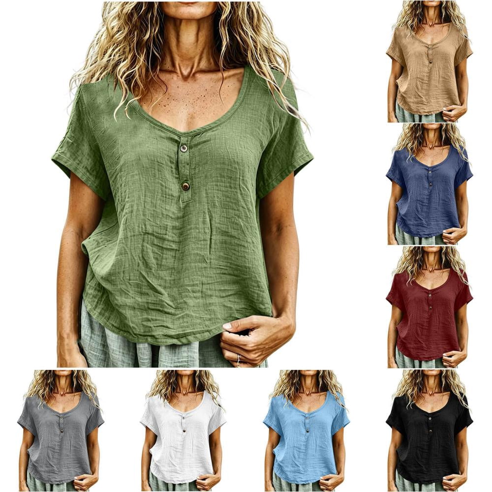 Bxsruta Women's Henley Short Sleeve Knit Top Casual Tunic with Button ...