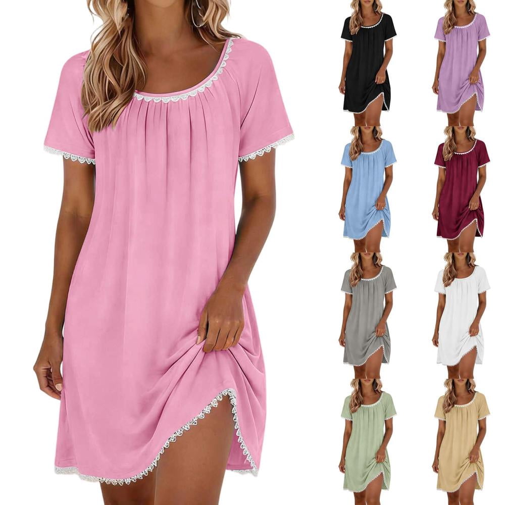 Bxsruta Women's Lace Trim Short Sleeve Nightgown - Loose Fit Sleep ...