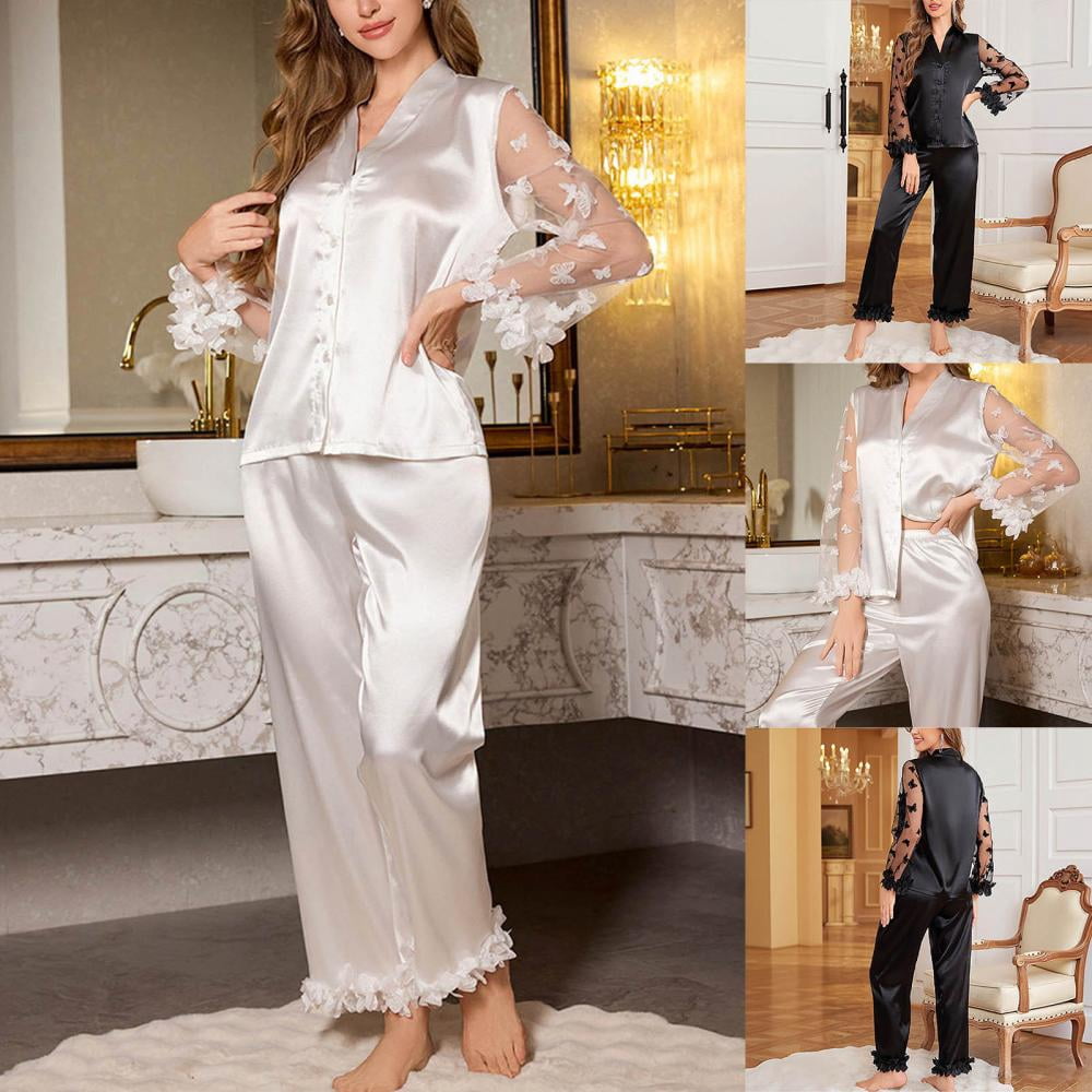Bxsruta Women's Long Sleeve Pajama Set with Embroidery Mesh Lace for ...