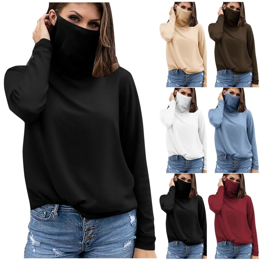 Bxsruta Women's Long Sleeve Pullover Top High Neck Built in Face Cover ...