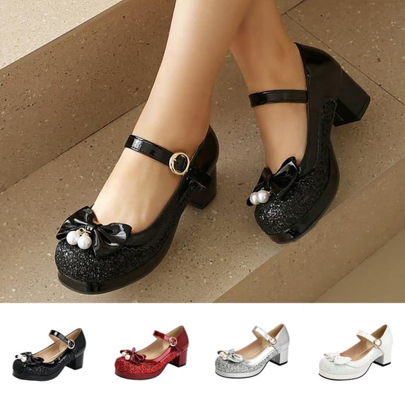 Bxsruta Women's Mary Jane Block Heel Pumps with Bow and Pearl Decor Pu ...