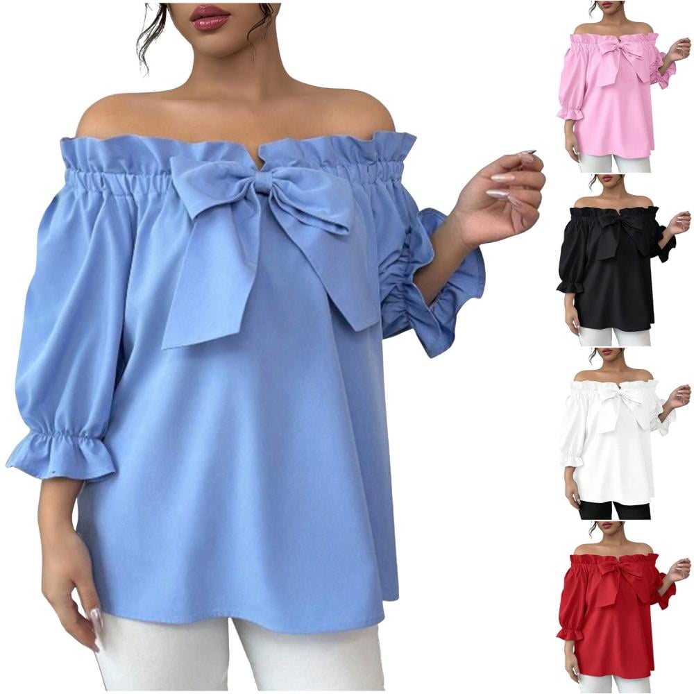 Bxsruta Women's Off the Shoulder Ruffled Bow Top Soft Polyester Casual ...