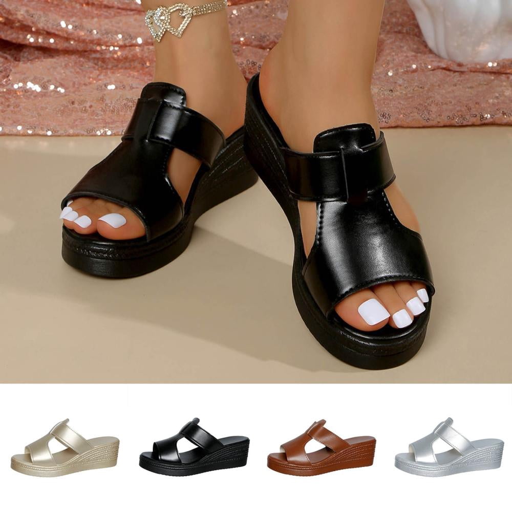 Bxsruta Women's Plus Size Double-Strap Wedge Heel Sandals, Comfortable ...
