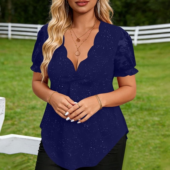 Bxsruta Women's Plus Size Glitter Lace Wavy V-Neck Short-Sleeve T-Shirt ...