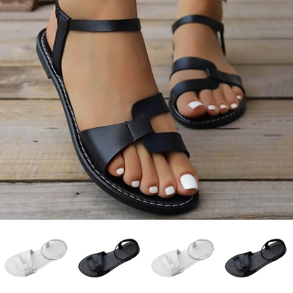 Bxsruta Women's Plus Size Open-Toe Flat Sandals with Soft Leather and ...