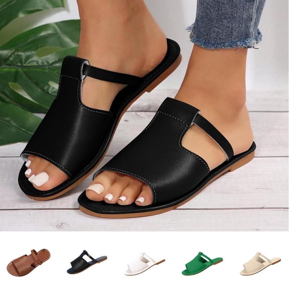 Bxsruta Women's Plus Size Open-Toe Flat Slippers with Soft Faux Leather ...