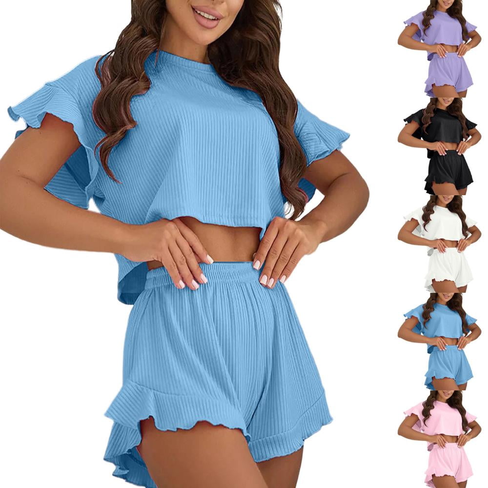 Bxsruta Women's Ribbed Knit Two Piece Outfit Ruffle Short Sleeve Crop ...