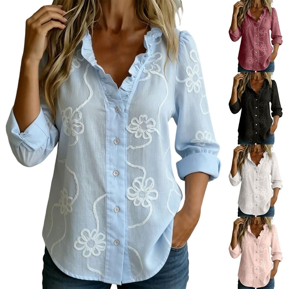 Bxsruta Women's Ruffle V Neck Blouse with Floral Embroidery Long Sleeve ...