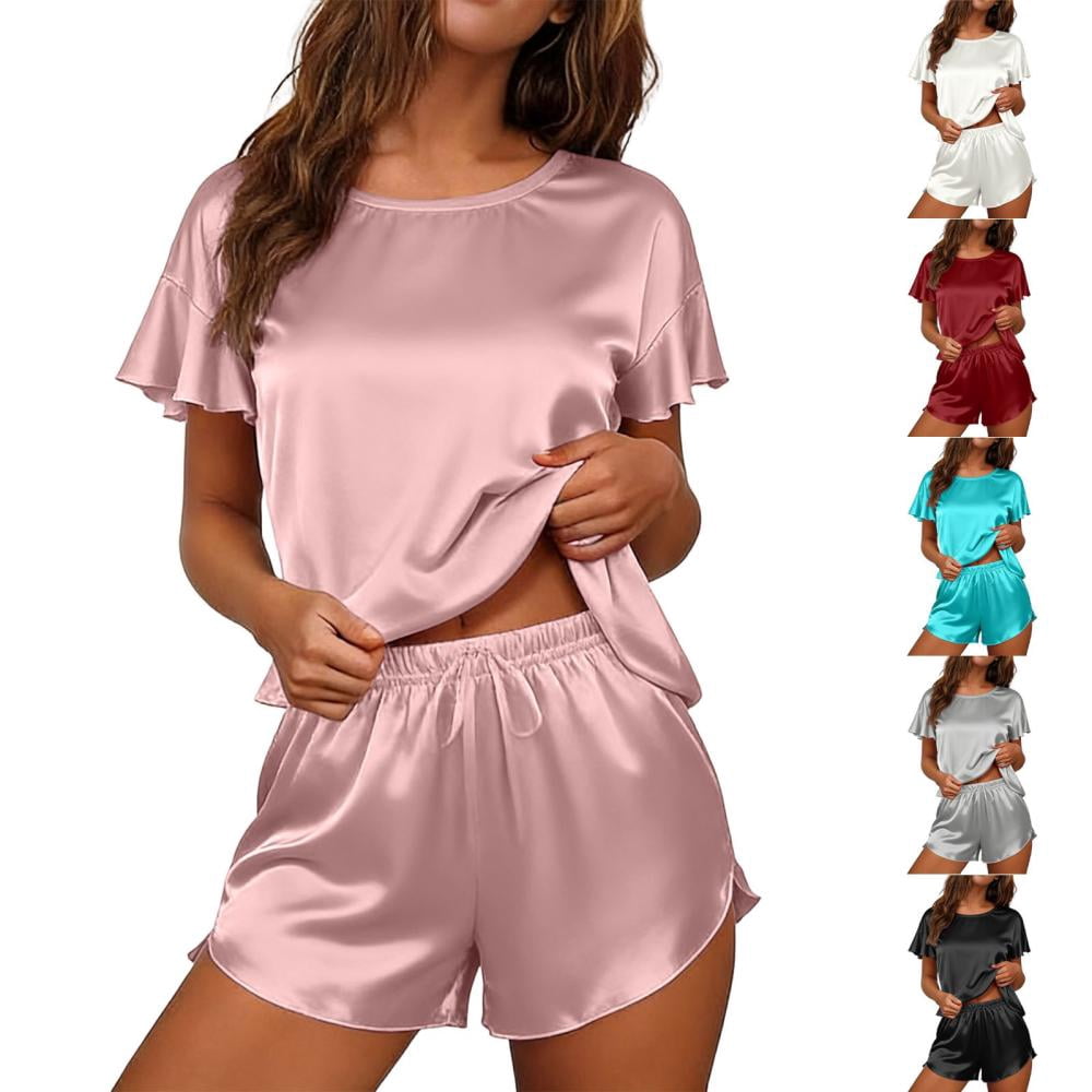 Bxsruta Women's Satin Pajama Set Short Sleeve Ruffle Top and Drawstring ...