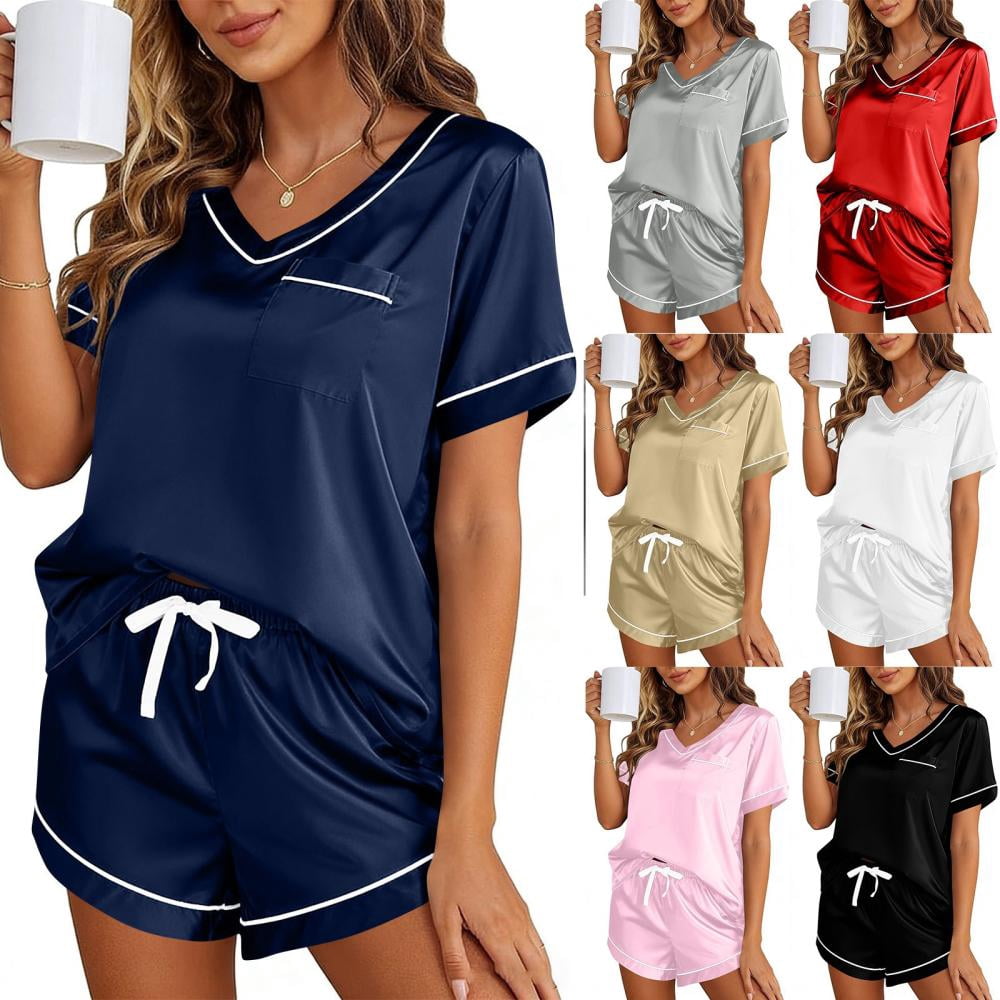 Bxsruta Women's Satin V Neck Short Sleeve Pajama Set with Drawstring ...