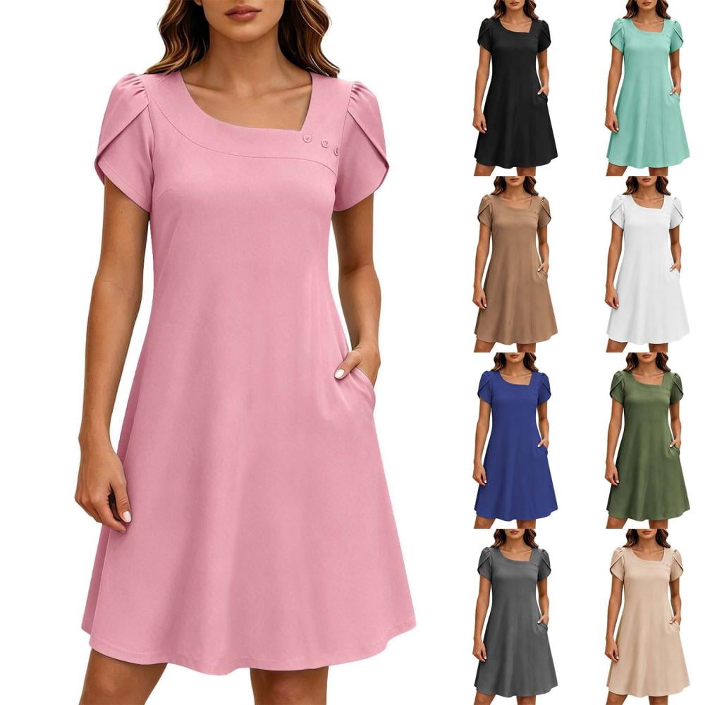 Bxsruta Women's Short Sleeve A Line Dress with Pockets Boat Neck Casual ...